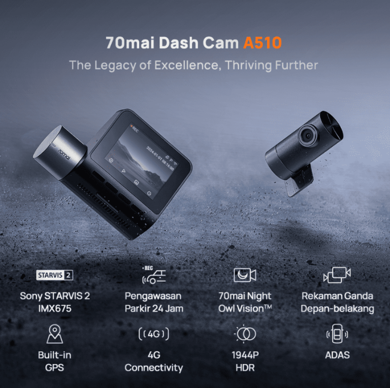 70mai Dash Cam A510 Set Dashcam Mobil Depan Belakang Terbaik